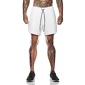 Akk Men's 2-in-1 Workout Running Shorts Lightweight Gym Yoga Training Sport Short Pants White