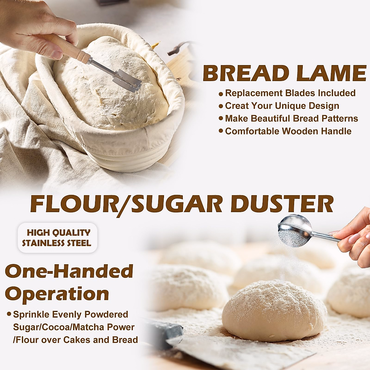 Banneton Bread Proofing Baskets, 9 Inch Round & 10 Inch Oval Sourdough Baking Basket, Complete Set for Bread Making—Bread Lame, Danish Whisk, Dough Scrapers, Flour & Sugar Sifter, Basting Brush