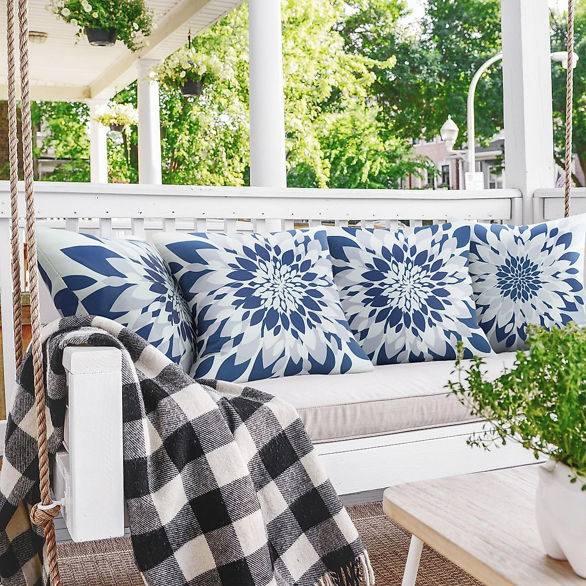 JASEN Outdoor Waterproof Pillow Covers, Blue Floral Outdoor Throw Pillow Cover Set of 4, Boho Double-Sided Decorative Outside Throw Pillows for Patio Furniture Porch Garden Couch Sunbrella