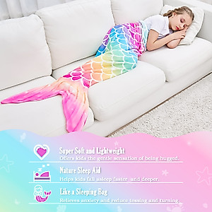 WERNNSAI Mermaid Tail Blanket - Wearable Mermaid Soft Blanket with Hairpin and Bracelet for Girls Kids Rainbow Soft Flannel Snuggle Blanket 55’’ x 24’’ Gift for Birthday Christmas