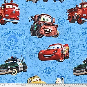 3/4 Yard - Cars Radiator Springs Map Toss on Blue Cotton Fabric - Lightning McQueen & Mater (Great for Quilting, Sewing, Craft Projects, Throw Pillows & More) 3/4 Yard (27 Inches) X 44 Inches