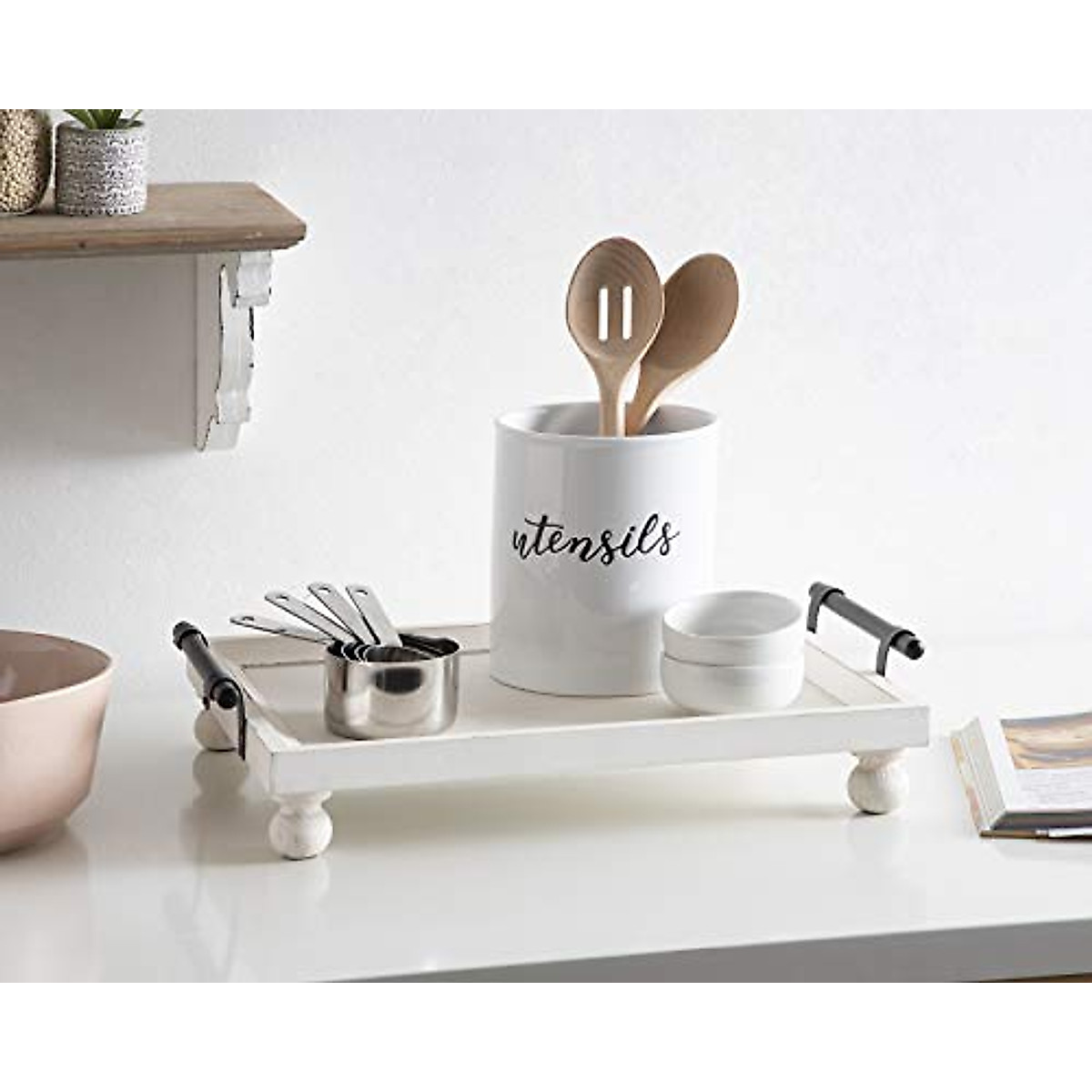 Kate and Laurel Bruillet Farmhouse Rectangular Tray, 12 x 16, Rustic White, Wooden Tray for Coffee Table