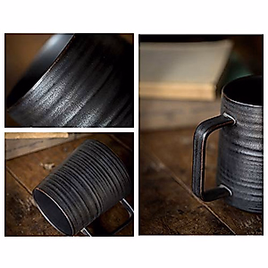 globe faith Large Handmade Pottery Coffee Mug, Unique Matte Metallic Antracite Ceramic Coffee Cup, Annular Texture Big Handle Clay Tea Mug for Home, Office or Gifts, Microwave & Dishwasher Safe,16 oz
