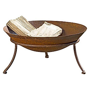 WHW Whole House Worlds 2 Piece Americana Fire Pit Set, Wide Bowl, Raised Tripod Stand, Vintage Style Rusty Finish, Iron, 18 1/2 Diameter x 9 H Inches