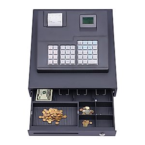CAIHAOA Cash Register, 8 Digits LED 38 Keys Electronic Cash Register, Automatic Cash Register with 32 Departments, Quick Load Thermal Printer Cash Register 1000 Plus 10 Clerks for Small Business,Black