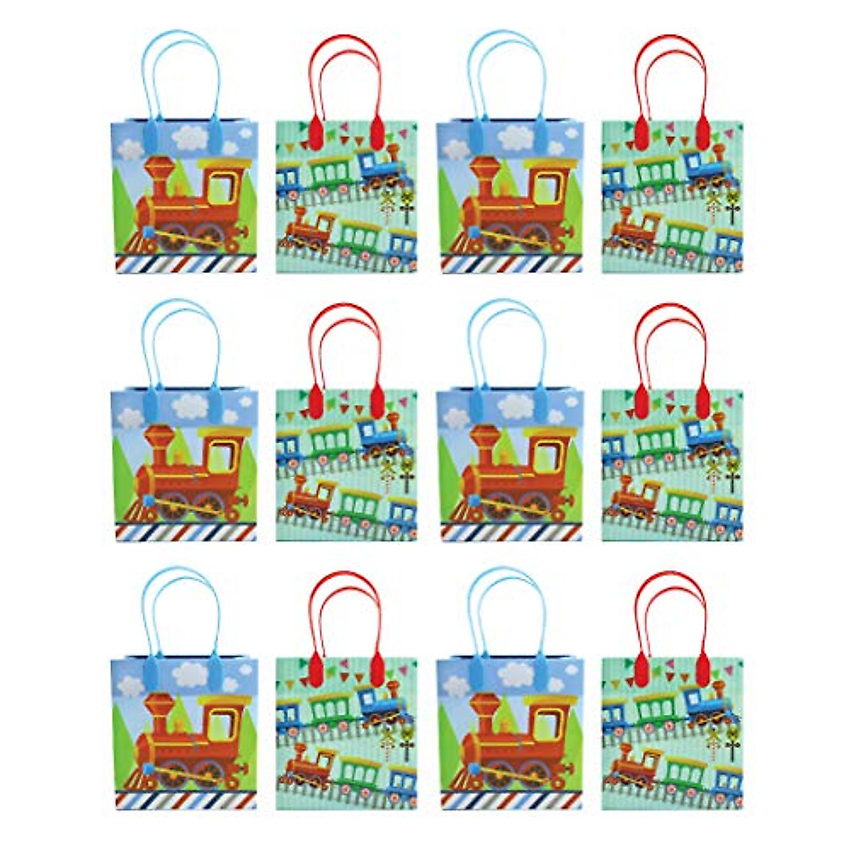 TINYMILLS Train Party Favor Bags Treat Bags Kids Birthday Party Goody Bags with Handles for Boys Girls, 12 Pack Chugga Chugga Two Two Party