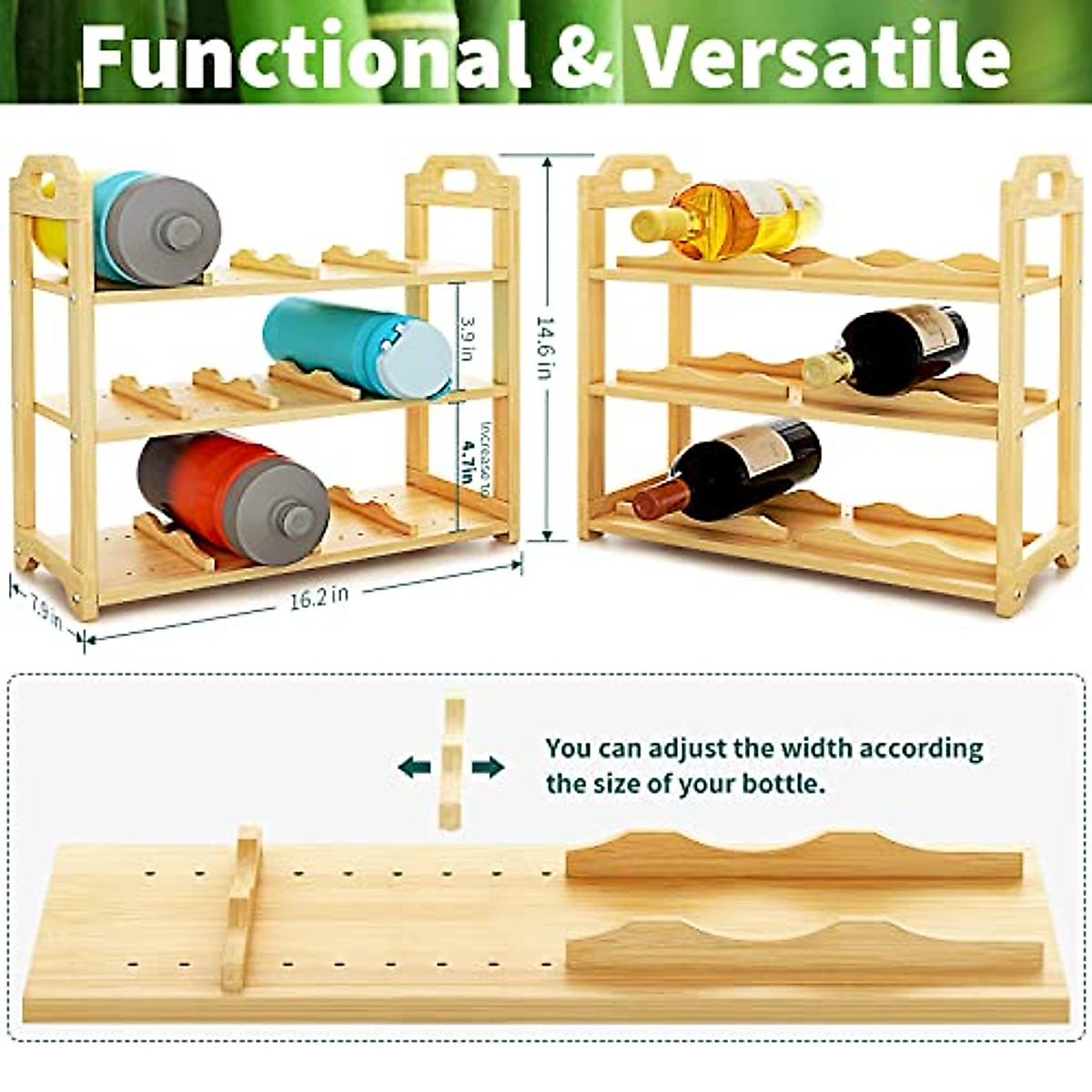 KOK KAY Water Bottle Organizer, Stackable Bamboo Water Bottle Holder, 15 Freestanding Wine Rack Storage, 3-Layer Adjustable Water Bottle Storage Organizer Rack