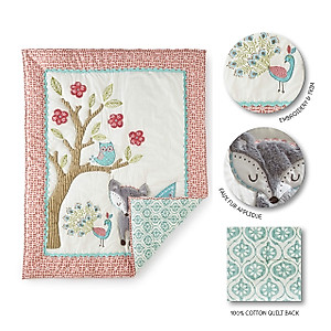 Levtex Baby - Fiona Crib Bed Set - Baby Nursery Set - Pink, Teal, and White - Woodland Forest Theme - 5 Piece Set Includes Quilt, Two Fitted Sheets, Wall Decal & Skirt/Dust Ruffle