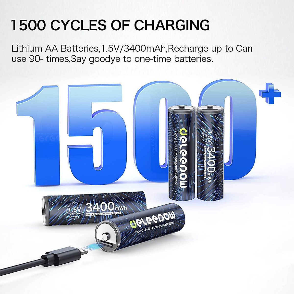 Deleepow Rechargeable AA Batteries Lithium USB 1.5V 3400mWh Lithium AA Batteries with USB-C Cable 1500 Cycles 4-Pack