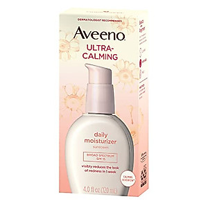 Aveeno Ultra-Calming Daily Facial Moisturizer for Sensitive, Dry Skin with Broad Spectrum SPF 15 Sunscreen, Feverfew & Nourishing Oat, Oil-Free and Hypoallergenic, Basic, Unscented, 4 Fl Oz