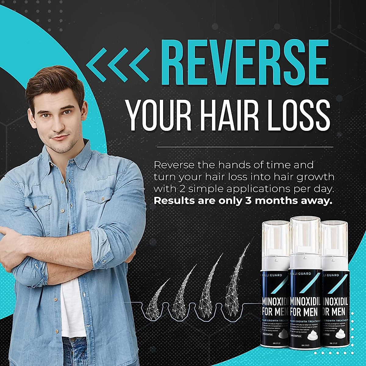 Minoxidil 5% Foam (3 Month Supply) by FolliGuard - Aerosol Foam Hair Regrowth Treatment for Men with Added Biotin and Herbs - Extra Strength for Men