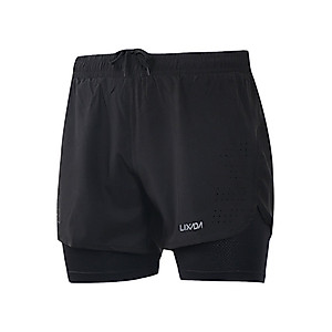 LIXADA Men's 2-in-1 Running Shorts Quick Drying Breathable Active Training Exercise Jogging Cycling Shorts (Black, L)