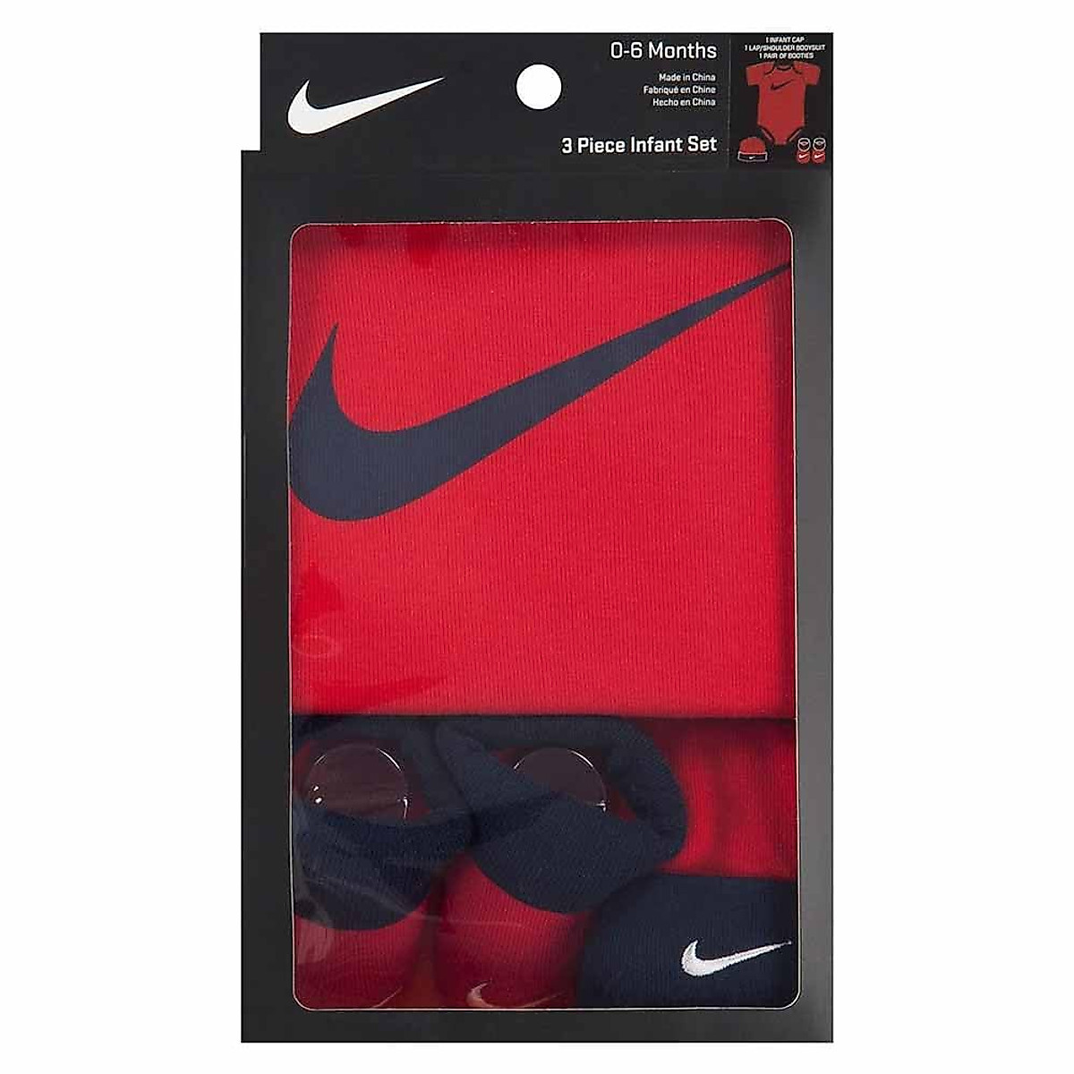 Nike Baby Hat, Bodysuit and Booties 3-Piece Gift Box Set, Red Swoosh, 0/6M