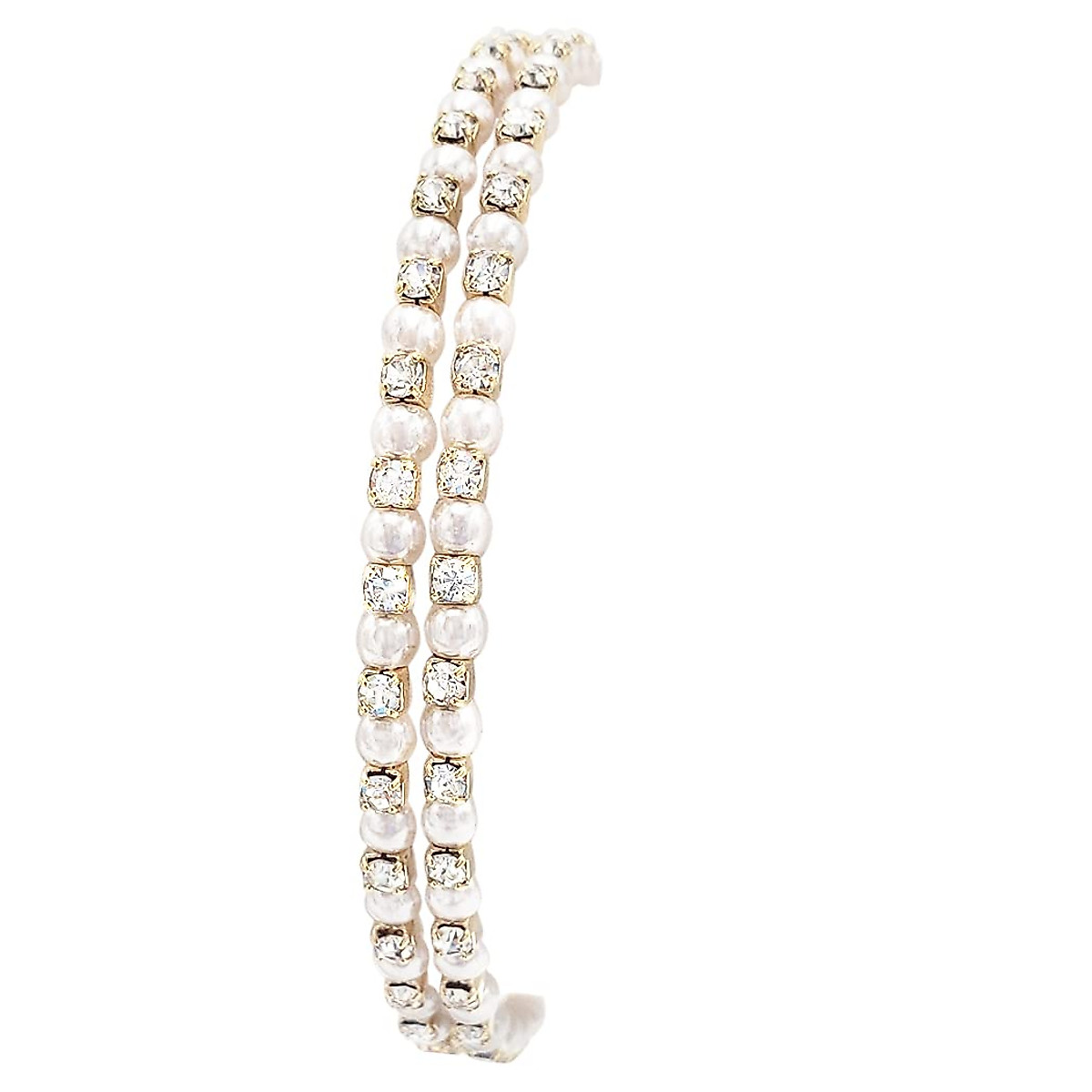 Rosemarie & Jubalee Women's Dainty Simulated Pearl And Crystal Rhinestone Flexible Wire Coil Wrap Around Cuff Bracelet, 13" (Gold Tone)