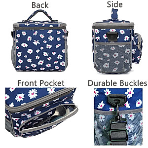 FlowFly Insulated Reusable Lunch Bag Adult Large Lunch Box for Women and Men with Adjustable Shoulder Strap,Front Zipper Pocket and Dual Large Mesh Side Pockets,Daisy