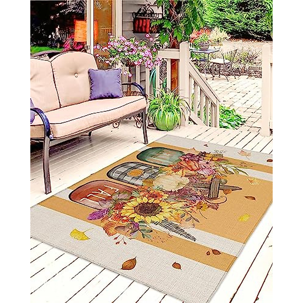Hello Fall Outdoor Rug for Patio/Deck/Porch, Non-Slip Area Rug 6x9 Ft, Thanksgiving Pumpkin Floral Maple Leaf Yellow Beige Striped Indoor Outdoor Rugs Washable Area Rugs, Reversible Camping Rug Carpet