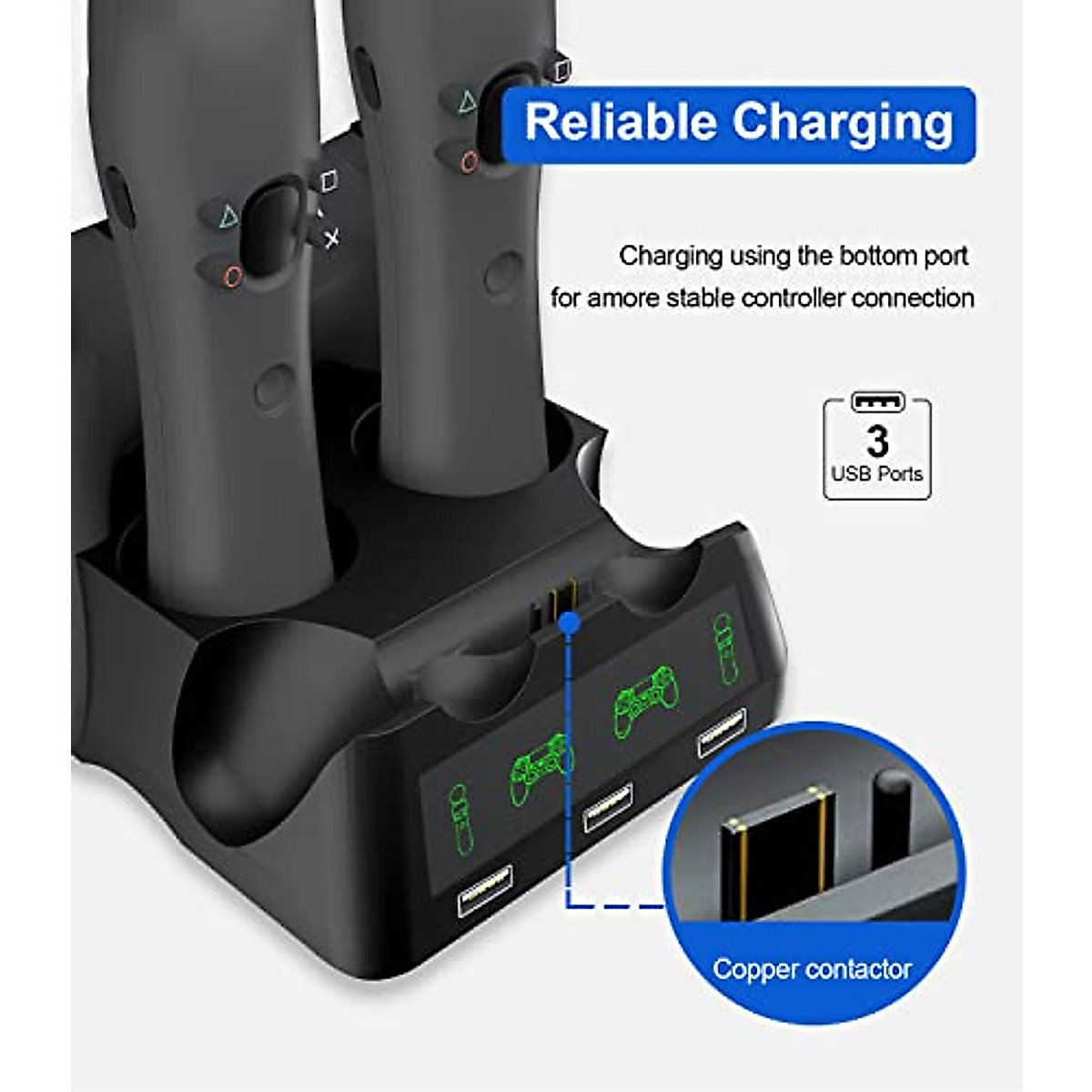 PS4 Controller Charging Dock Station, 4 in 1 PS VR Motion Move Controller Charger Station, Fast Playstation 4 Controller Charger with LED Indicator Compatible with PS4/Slim/PS4 Pro/PS VR Charging Dock