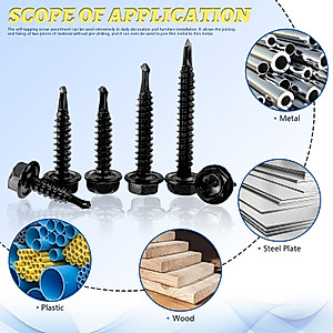 Glarks 165Pcs 410 Stainless Steel #12 Hex Washer Head Self Drilling Screws Assortment Kit 6 Size Black #12x5/8, #12x3/4, #12x1, #12x1-1/4, #12x1-1/2, #12x2 Sheet Metal Screws with Drill Point