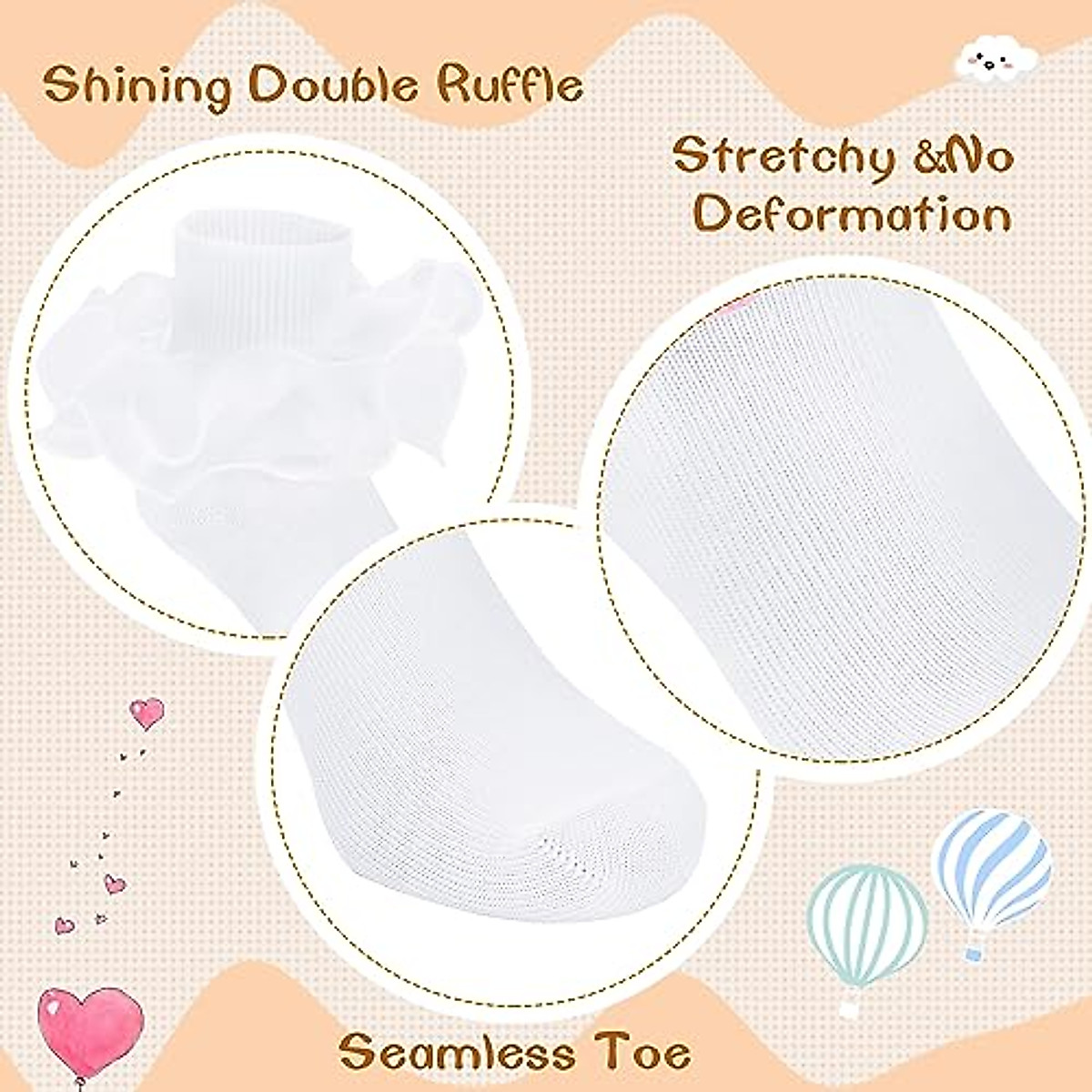 Zando Girls White Ruffle Socks Big Double Lace Turn Cuff Dress Socks Girl Ruffle White Socks Cute Lace Socks for Girls 6-8 Frilly Ankle Dress Sock 3/Black 5-7 Years