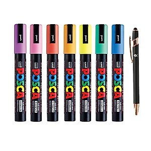 Uni Paint Marker Poster Color 7 Marking Pen Medium Point PC-5M 7 Natural Color Set With Original Stylus Ballpoint Touch Pen
