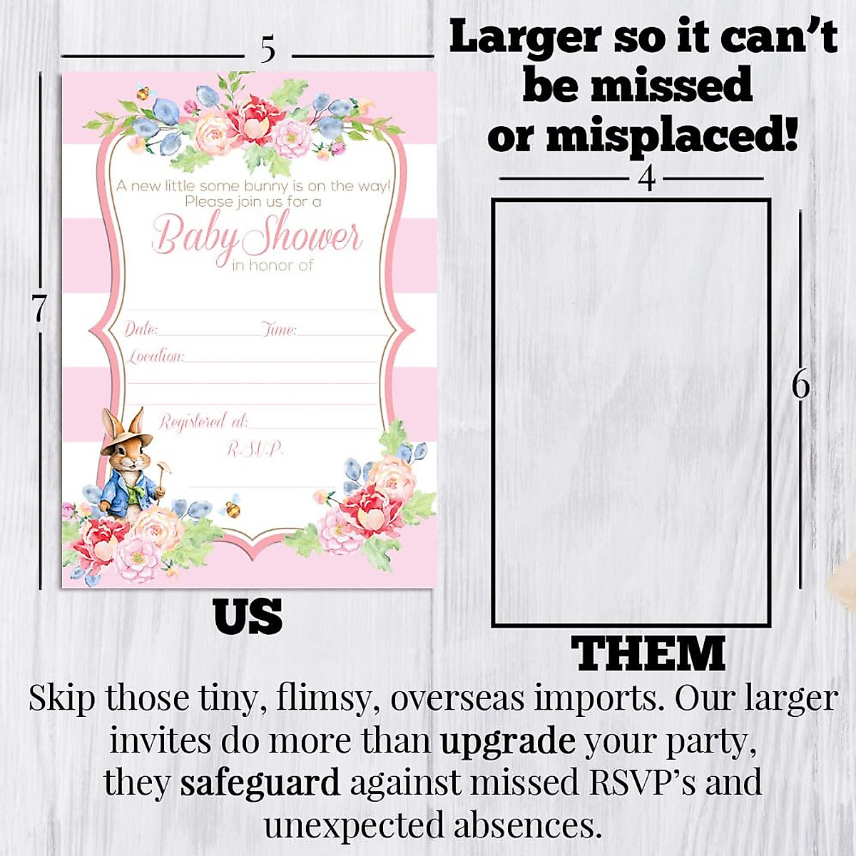 Amanda Creation Little Bunny Rabbit Baby Shower Invites for Girls, 20 5x7 Double Sided Fill In Pink Bunny Invitations with Twenty White Envelopes Floral Cards It’s A Girl