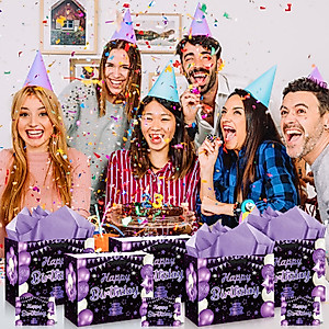 Purple Birthday Gift Bag, Large Purple and Black Happy Birthday Gift Bag with Card and Purple Tissue Paper for Girls Women Anniversary Birthday Party Favors Kids Adults Goodie Wrapping Bag Supplies