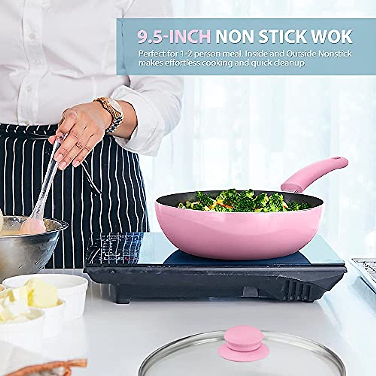 SHINEURI Frying Pans 6 Pieces Nonstick Cookware Set 9.5” and 11” Frying Pan Skillet Pan and Wok with Lid Ceramic Cookware Set