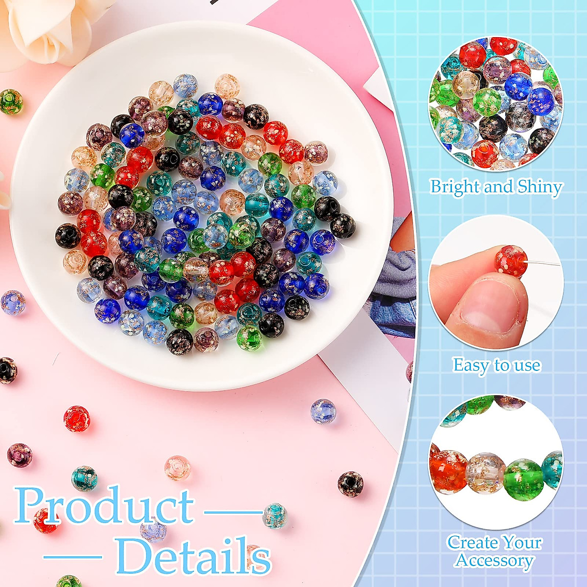 Lyrow 120 Pcs Luminous Glass Beads 8mm Round Beads Bulk Glow in The Dark Beads Glass Round Loose Spacer Ball Beads for Making DIY Craft(Multicolor)
