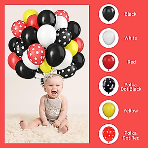 GREMAG Red Yellow Black Balloons, 12inch Black Yellow Red White Polka Dot Balloon Kit with Ribbons, 60 Pcs Latex Balloons for Cartoon Mouse Theme Party Birthday Baby Shower Anniversary Graduation