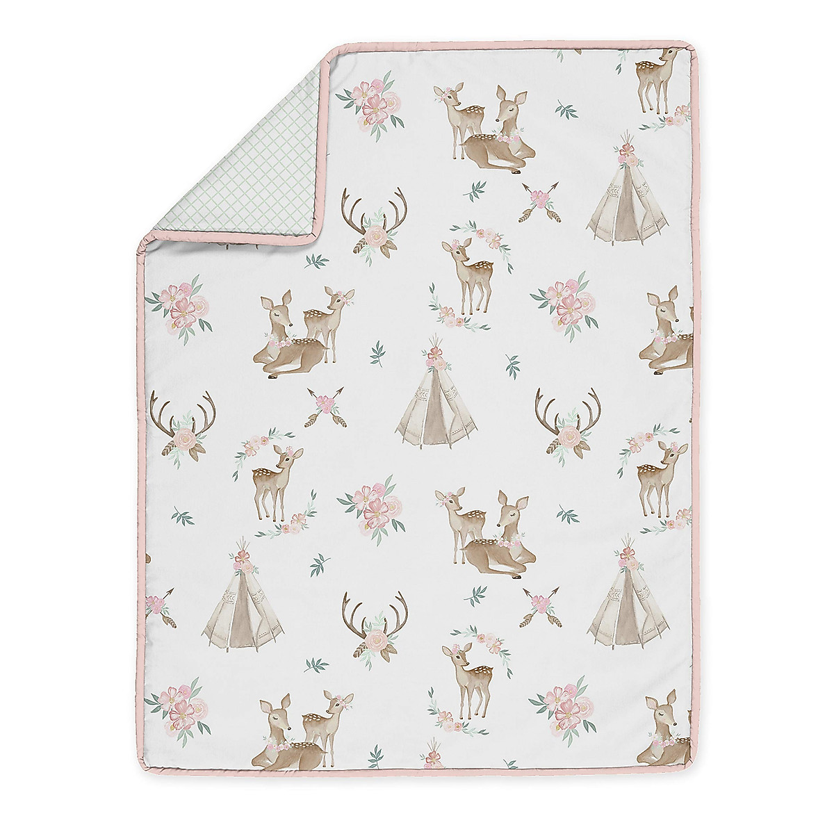 Sweet Jojo Designs Blush Pink, Mint Green and White Boho Watercolor Woodland Deer Floral Baby Girl Crib Bedding Set - 4 Pieces