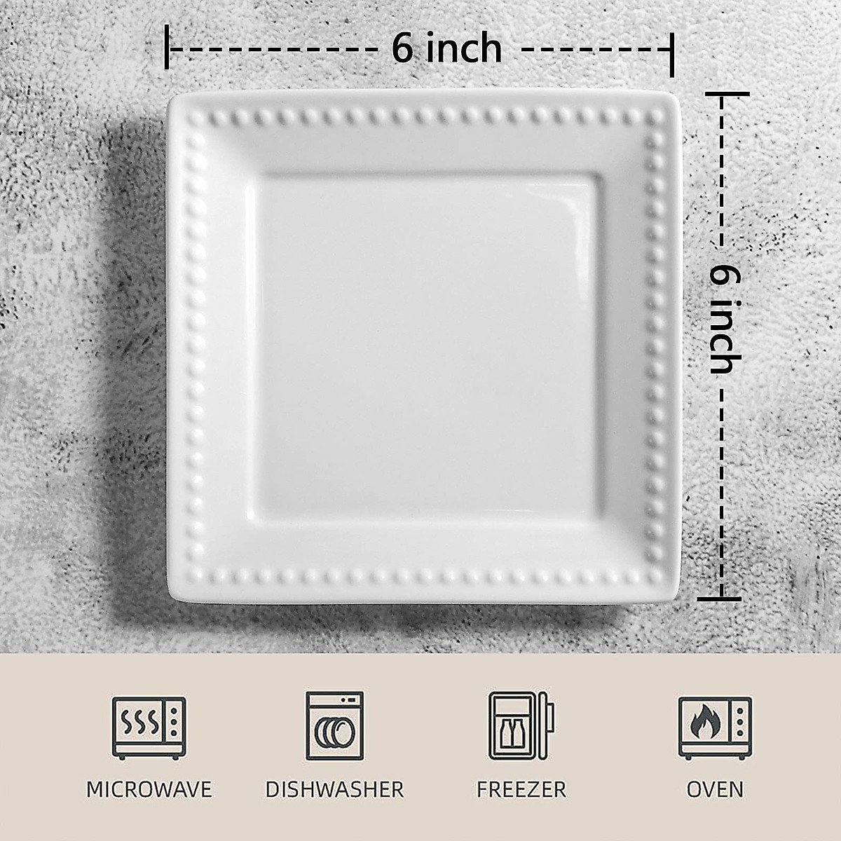 Wareland 2 Pieces Embossed Dinner Plates & Bright White Embossed Dots Square Dessert Plates Set of 6