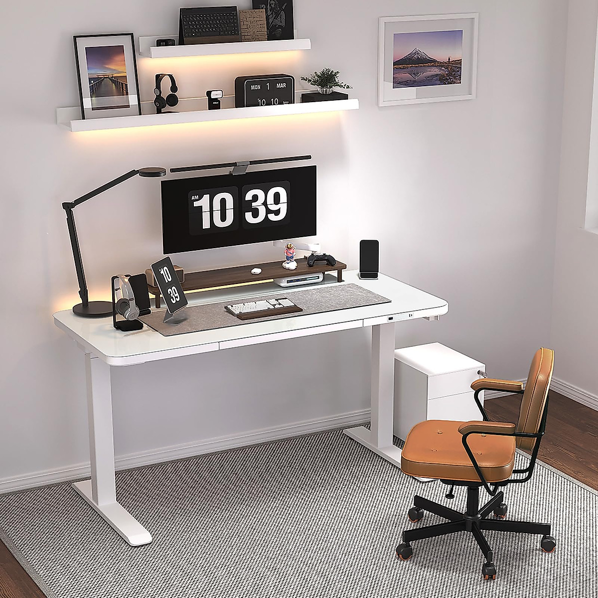 ERGOMORE Glass Standing Desk with Drawer - 45 x 23 Inches Adjustable Height Desk with Memory Preset & USB Ports, Sit Stand Desk for Home and Office (White)