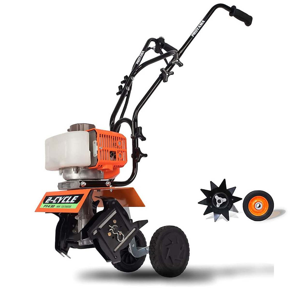 PROYAMA Gas Tiller Cultivator, 43cc 2-Cycle Garden Tiller, 2 in 1 Gas Powered Cultivators with Edger Kit, 4 Steel Tines, 6-12” Adjustable Width, 8” Max Depth