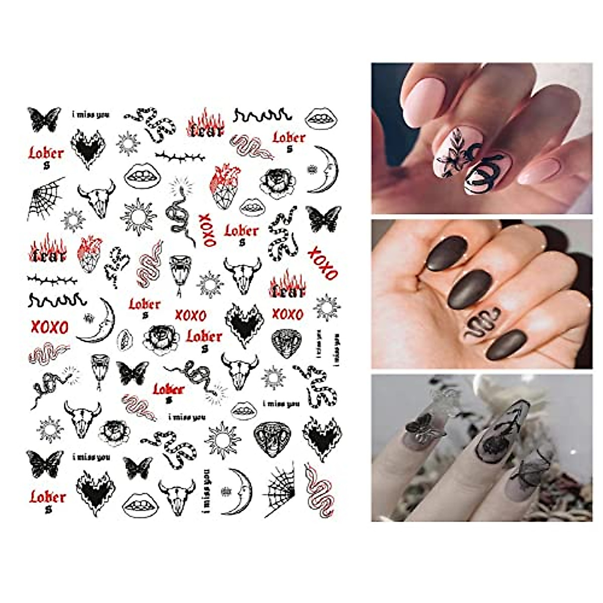 6 Sheets Snake Nail Art Stickers,Black Skull Goth Nail Decals 3D Self Adhesive Nail Art Supplies Halloween Gothic Punk Horror Nail Stickers Designer DIY Charms Decor Nail Art Accessories Decals