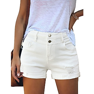 luvamia Women's Stretchy Ripped Denim Shorts High Waisted Cuffed Hem Jean Shorts Womens Shorts Casual Salt White Size Medium
