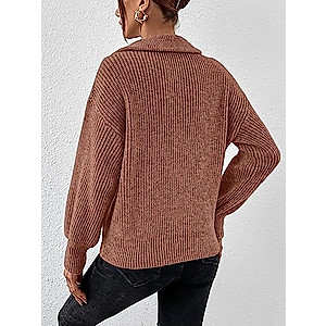 Verdusa Women's Casual Zip Up Long Sleeve Pullover Sweater V Neck Collar Knitted Top Pink XS