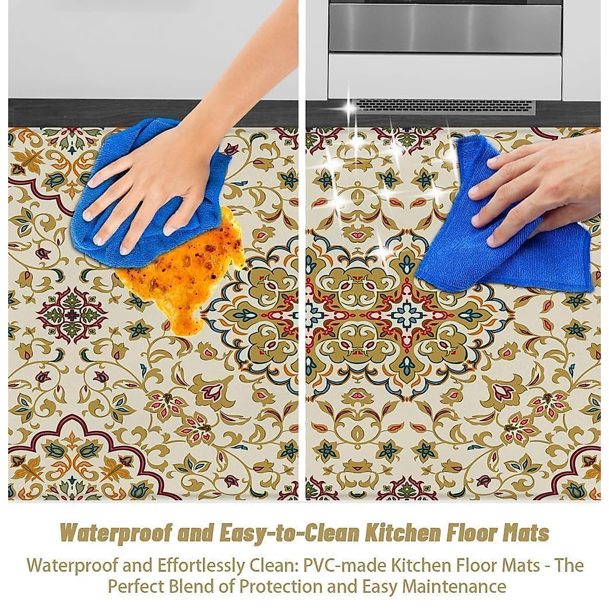Tyrot Boho Kitchen Mat Set of 2 Cushioned Anti Fatigue Floor Mat PVC Rubber Kitchen Rugs Non Slip Waterproof Damask Floral Kitchen Rugs and Mats Comfort Standing Memory Foam Mat for Kitchen