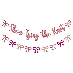 Coquette She's Tying The Knot Banner & Pink Bow Bunting Garland - Coquette Bridal Shower Engagement Wedding Party Decorations Pink Glitter