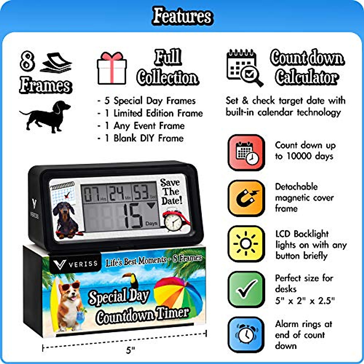 VERISS Digital 9999 Days Countdown Clock Timer with Backlight - Count Down Your Retirement, Wedding, Christmas, Vacation and All Calendar Event Dates in Your Life - Dog Collection (Black - 8 Frames)