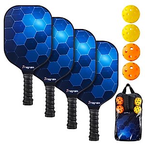 Pickleball Set of 4, Pickleball Paddles, Lightweight Wood Pickle Ball, 4 Outdoor & Indoor Pickleball Balls, 1 Carrying Bag, Pickleball Racquets with Cushion Comfort Grip, Gifts for Men Women