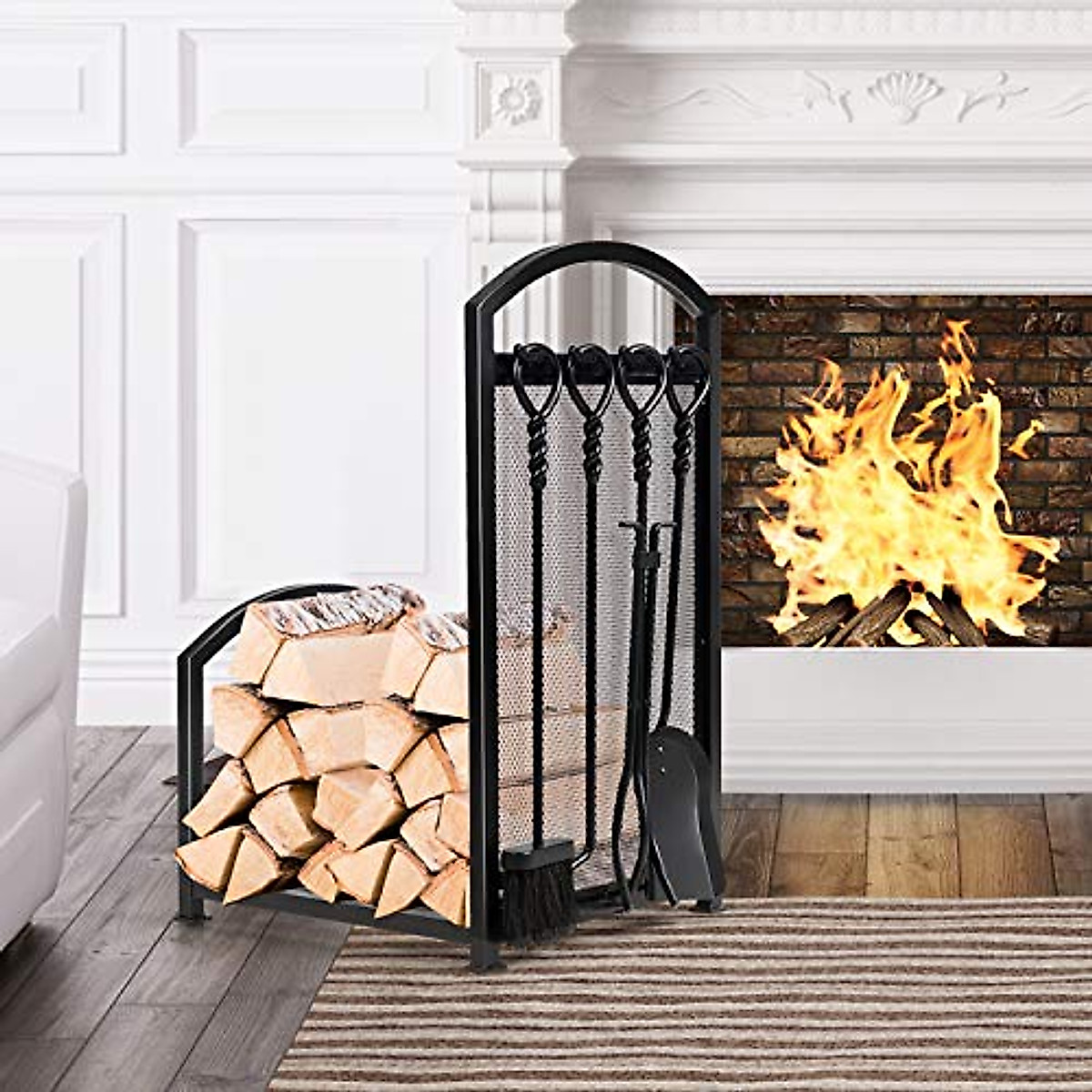 HAPPYGRILL Firewood Log Rack Indoor Outdoor Fireplace Storage Holder with 4 Tools Set