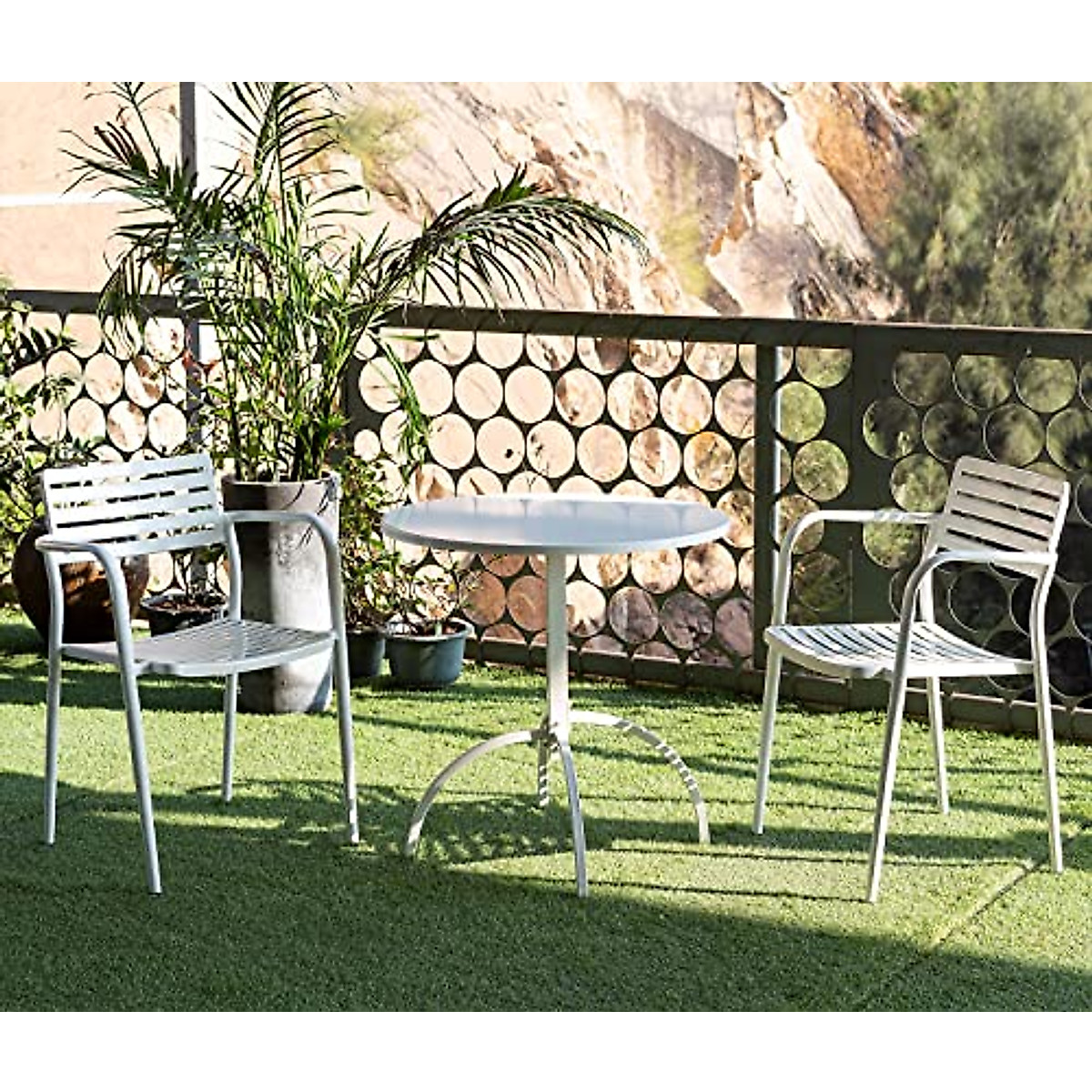 Lisuden Patio Bistro Metal Table Set with 2 Chairs, Outdoor Steel Slat Round Table for 2 Person, 27.5"(Dia) x28(H), Weather-Resistant Furniture Table Conversation Set for Backyard, Garden (White)