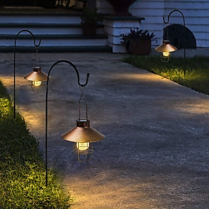 2Pack Solar Metal Hanging Lantern with Shepherd Hook Outdoor Led Garden Lights Brushed Copper