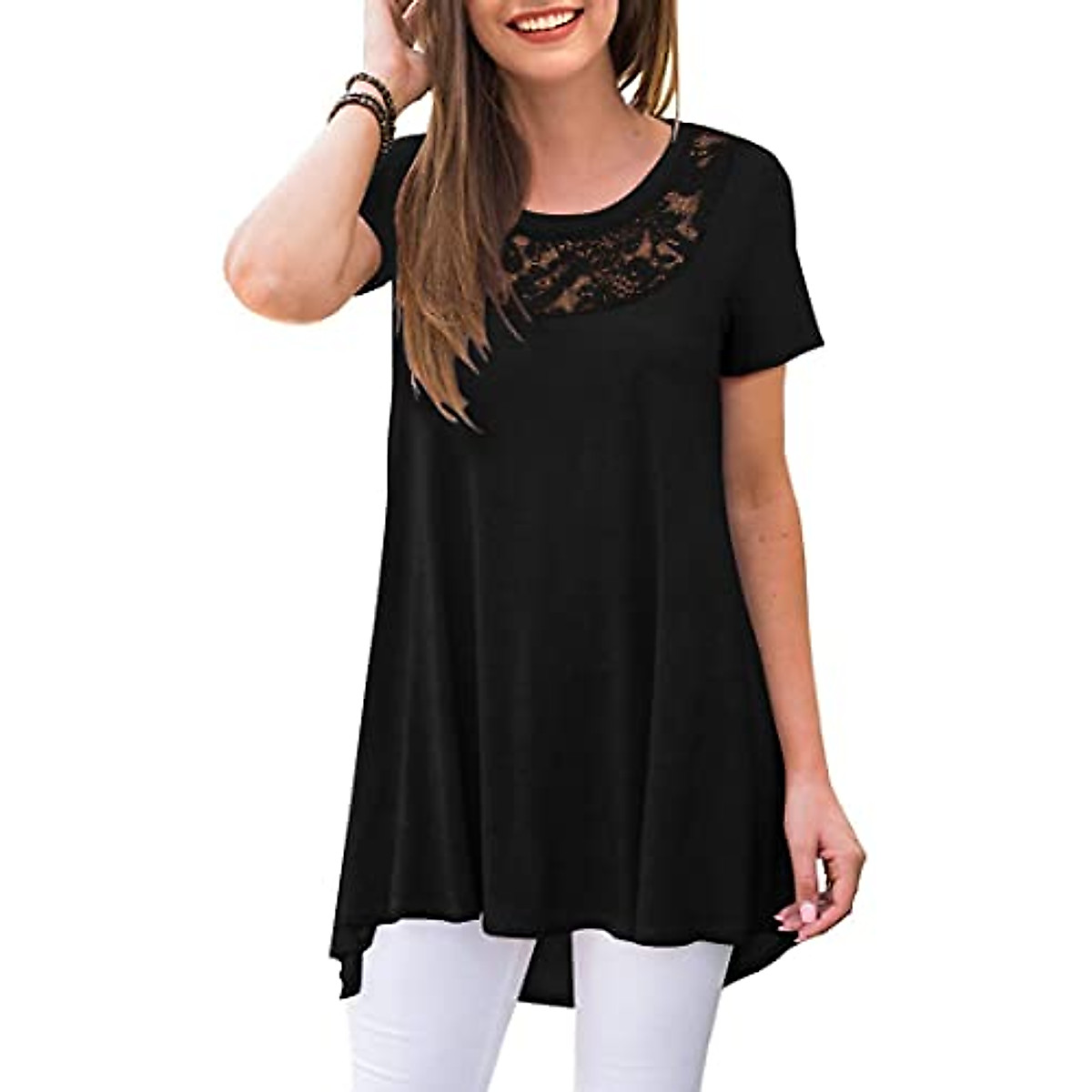 POPYOUNG Women's Summer Short Sleeve T-Shirt Casual Lace Neck Tunic Tops for Leggings Loose Blouse 2XL, Black