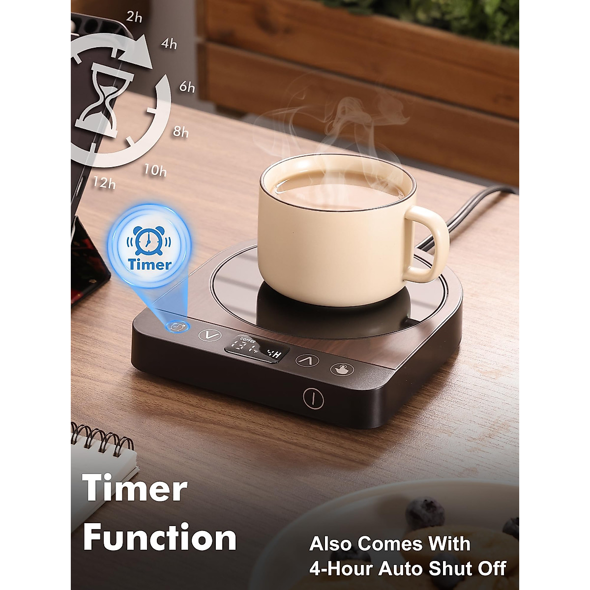 Rigstne Coffee Mug Warmer - 50W Mug Warmer for Desk, Coffee Cup Warmer Fast Heating, Candle Warmer Plate for Travel, Office and Home, 15 Temp Setting, Wood Grain