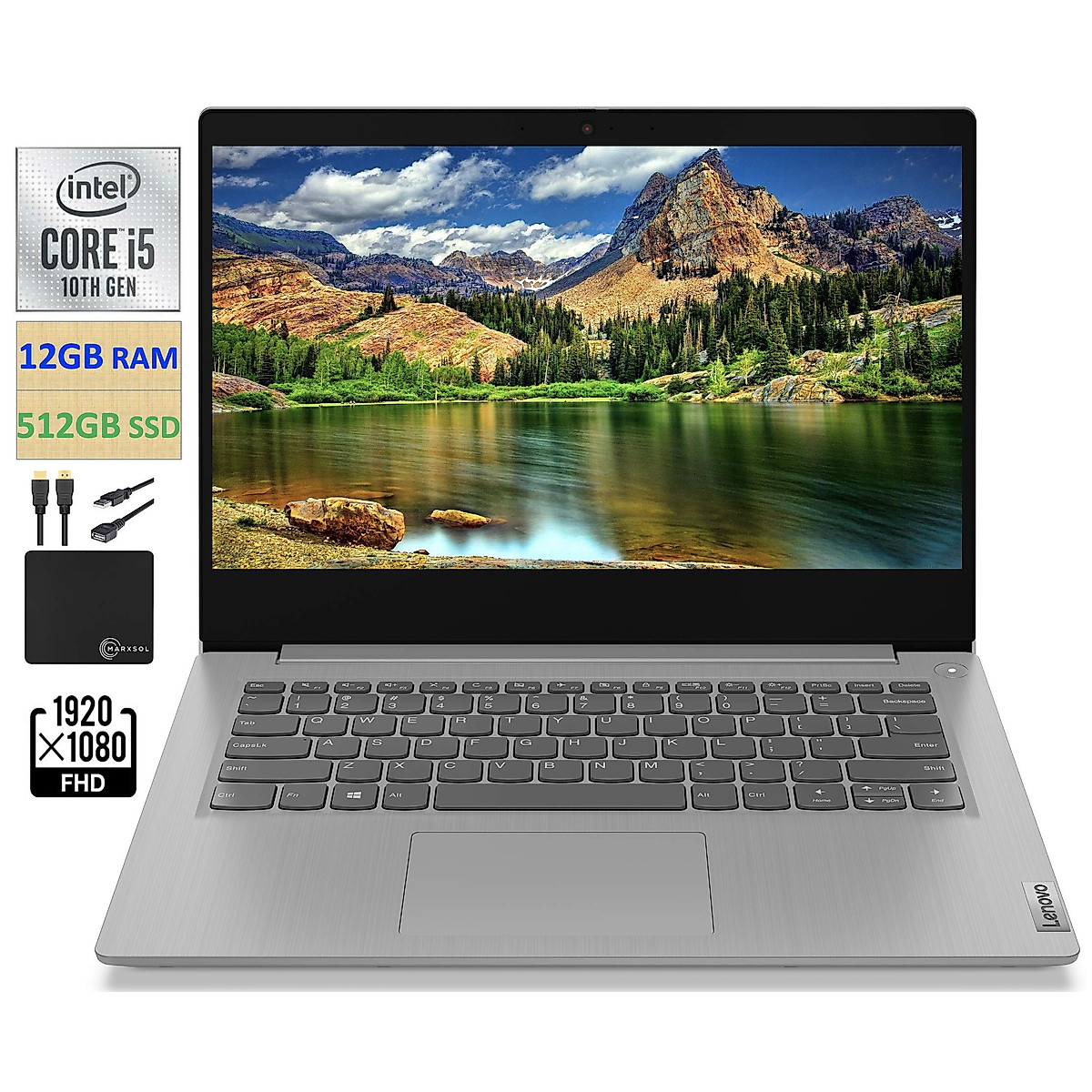 Lenovo 2021 Newest IdeaPad 3 14" FHD Screen Laptop Computer, Intel Quad-Core i5-1035G1 Up to 3.6GHz (Beats i7-8550U), 12GB DDR4 RAM, 512GB PCI-e SSD, Webcam, WiFi, HDMI, Windows 10 + Marxsol Cables