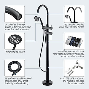 Freestanding Bathtub Faucet Floor Mount Tub Filler Matte Black Standing High Flow Shower Faucets with Handheld Shower Mixer Taps Swivel Spout