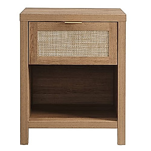 SICOTAS Rattan Nightstand - Farmhouse Night Stand with Drawer and Storage Shelf - Boho Accent Table Bedside Table End Table Side Table for Bedroom Wood