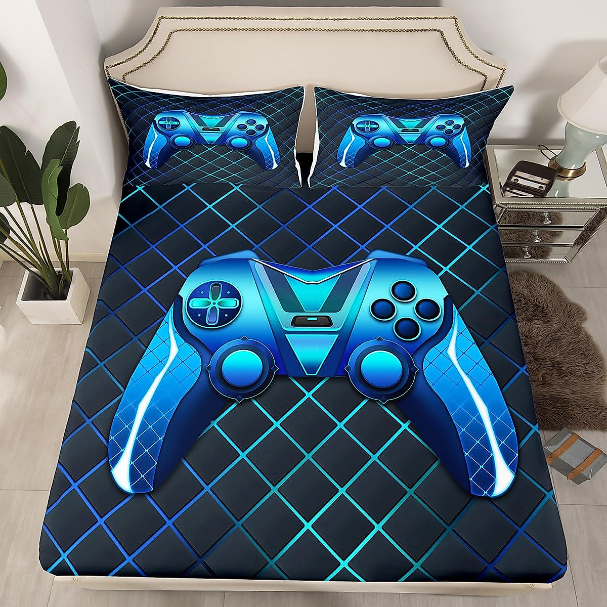 Erosebridal Gamer Bed Sheets Set for Boys, Gaming Sheet Sets Twin Size Video Game Contoller Sheets Gaming Gifts for Teenage Boys, Geometric Diamond Gamepad Flat Fitted Sheet with 1 Pillow Case, Blue