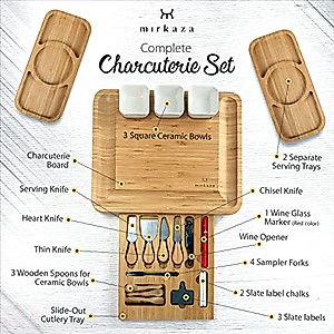 Bamboo Cheese Board and Knife Set, Wood Charcuterie Boards Set with Wine Glass Marker, Cheese boards Tray, Unique House warming Gifts for New Home, Gift Bridal Shower, Anniversary